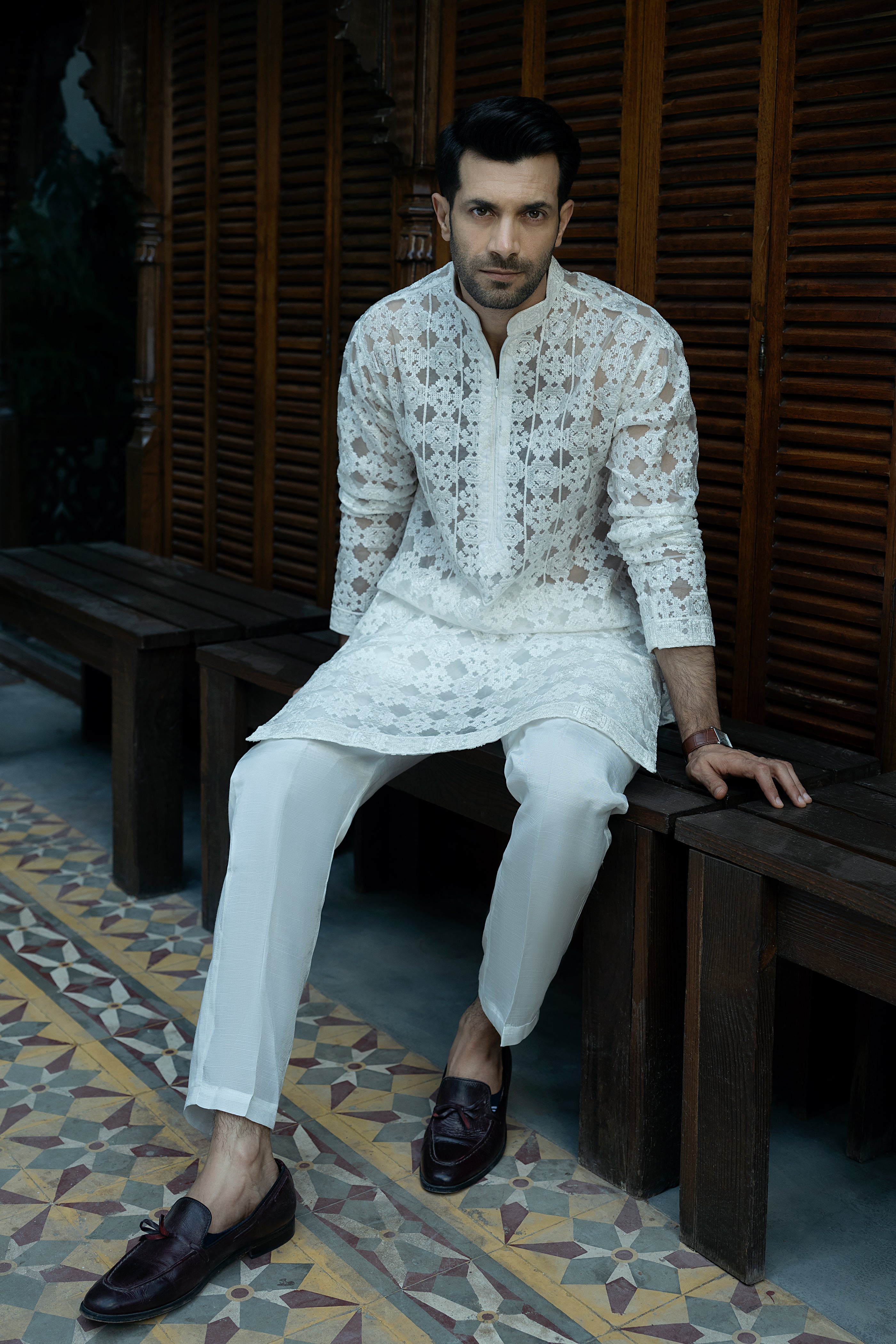 White Organza & Raw Silk Kurta Pajama – Amir Khan Couture