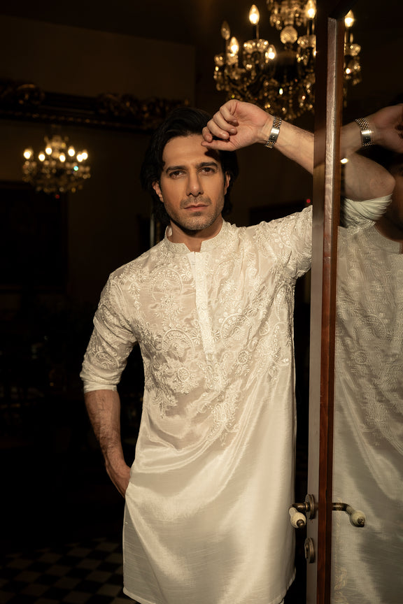 Milky White Raw Silk Kurta Pajama – Amir Khan Couture