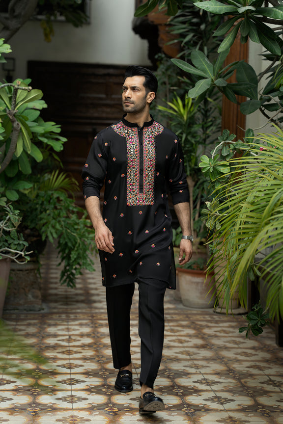 Black Korean Premium Raw Silk Kurta Pajama – Amir Khan Couture