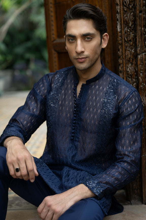 Blue Organza Kurta & Cotton Pajama – Amir Khan Couture