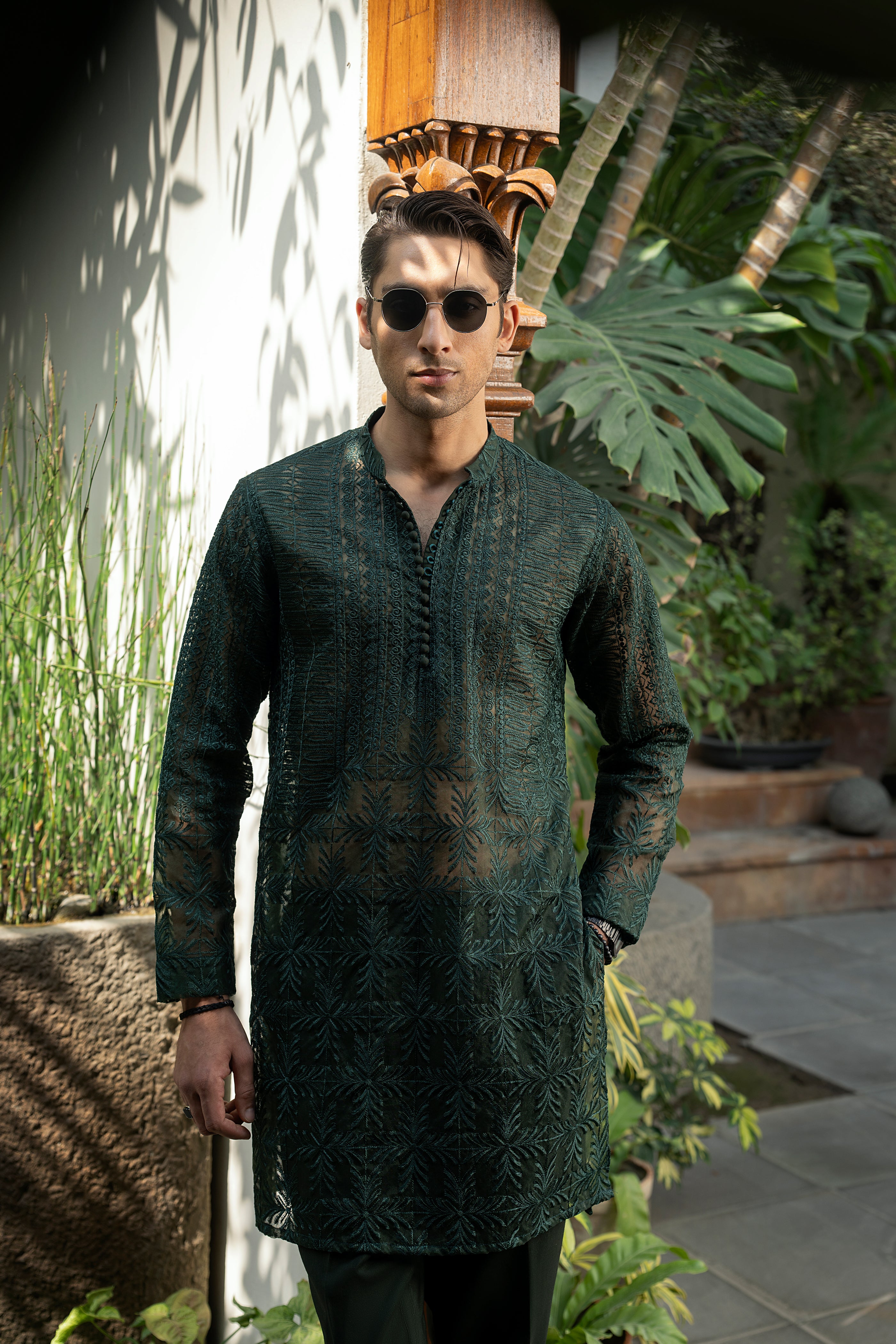 Bottle Green Organza Kurta & Cotton Silk Pajama – Amir Khan Couture